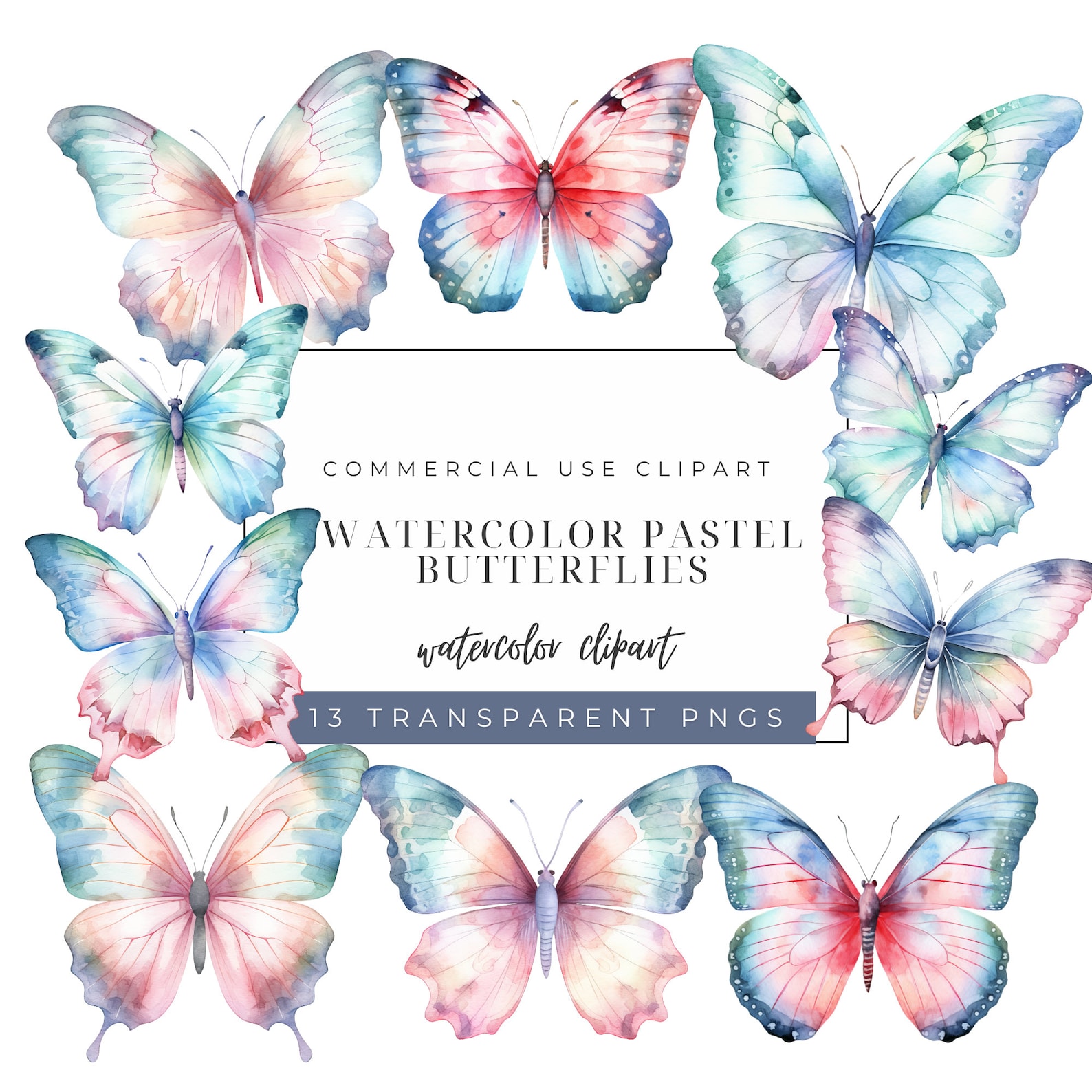 Watercolor Pastel Butterflies Clipart - Transparent Pngs - Watercolor ...