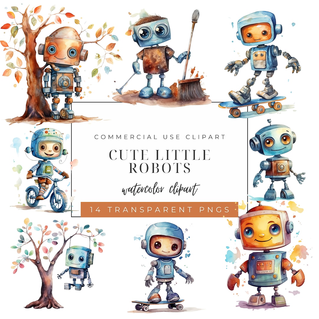 Cute Little Robots Clipart - Watercolor Cartoon Robot - High Quality ...