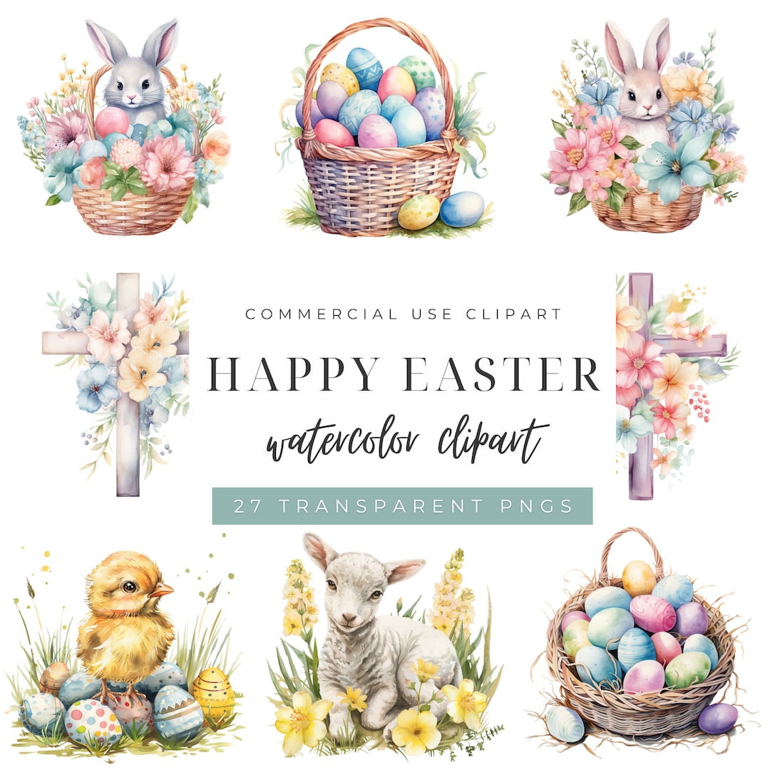 Watercolor Easter Clipart, Pastel Easter Clip Art, Easter Bunny, Spring ...