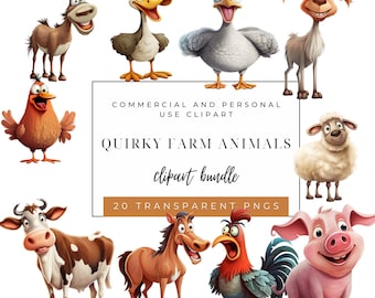 Cute and Funny Farm Animals Clipart PNG Bundle 46 Watercolor Cow, Goat ...