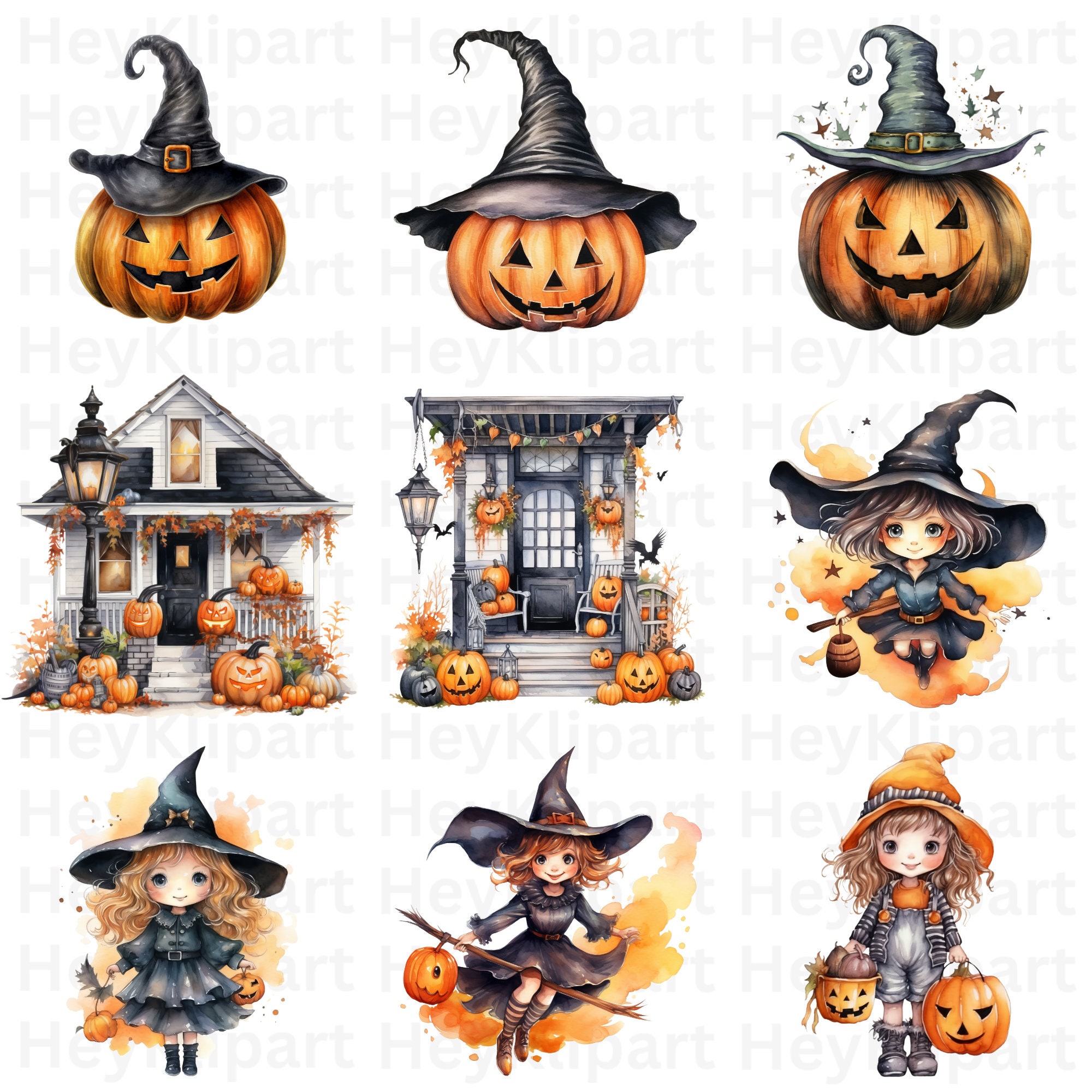 Cute Halloween Clipart Watercolor PNG Graphics Pumpkin Ghost Spider ...