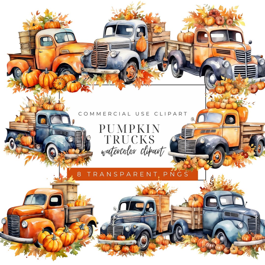 Pumpkin Pickup Truck Clipart - Watercolor Autumn Scene - Pumpkin ...