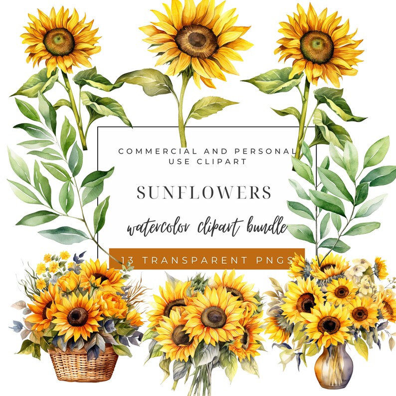 Sunflower PNG Clipart, Watercolor Floral Clipart Bouquet, Sunflower ...