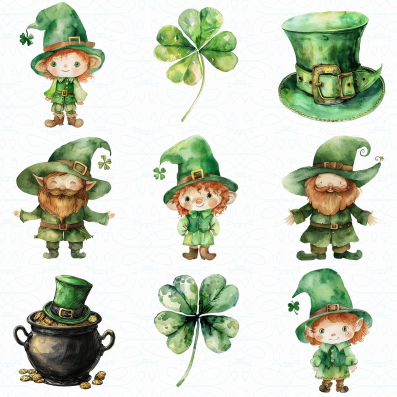 Cute St Patricks Day Clipart, Watercolor Leprechaun, 4 Leaf Clover ...