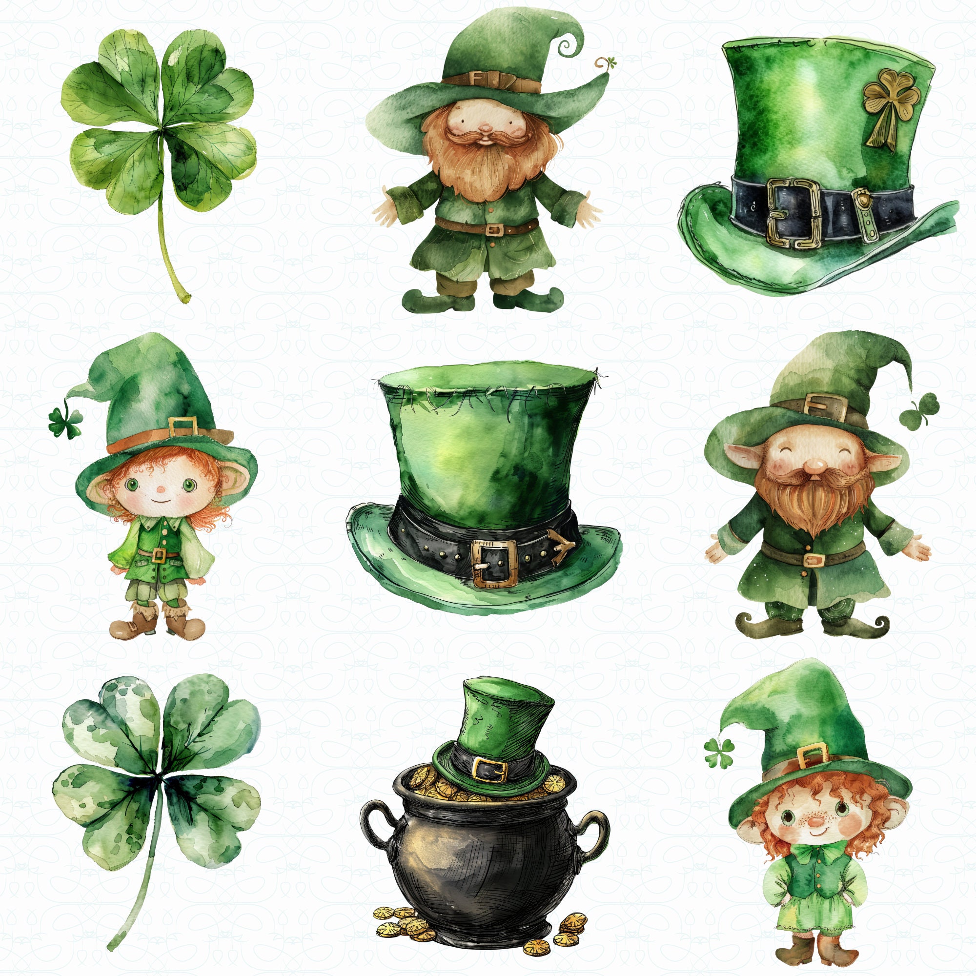 Cute St Patricks Day Clipart, Watercolor Leprechaun, 4 Leaf Clover ...