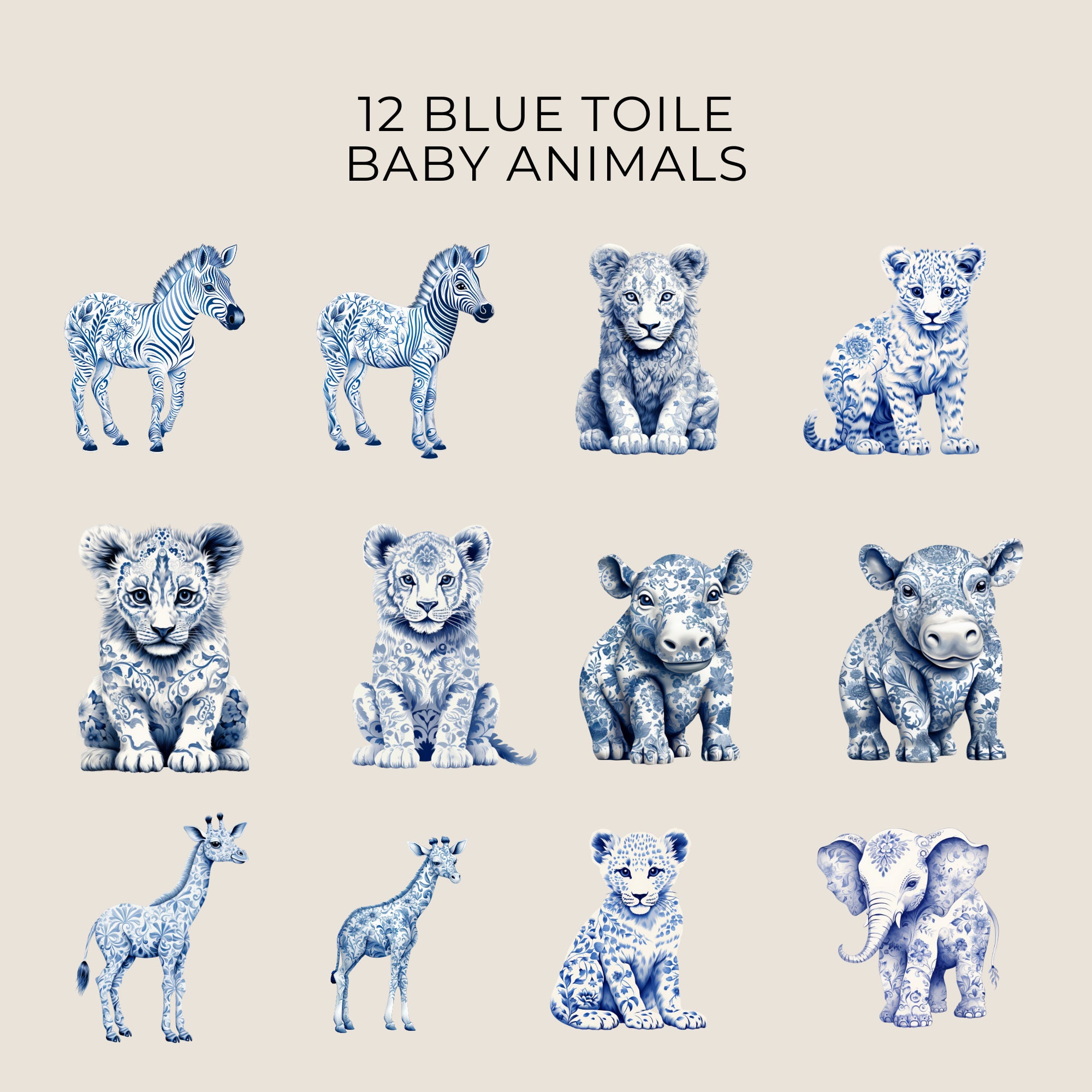 Blue Toile Safari Animals Clipart: Watercolor Chinoiserie (PNG Digital ...
