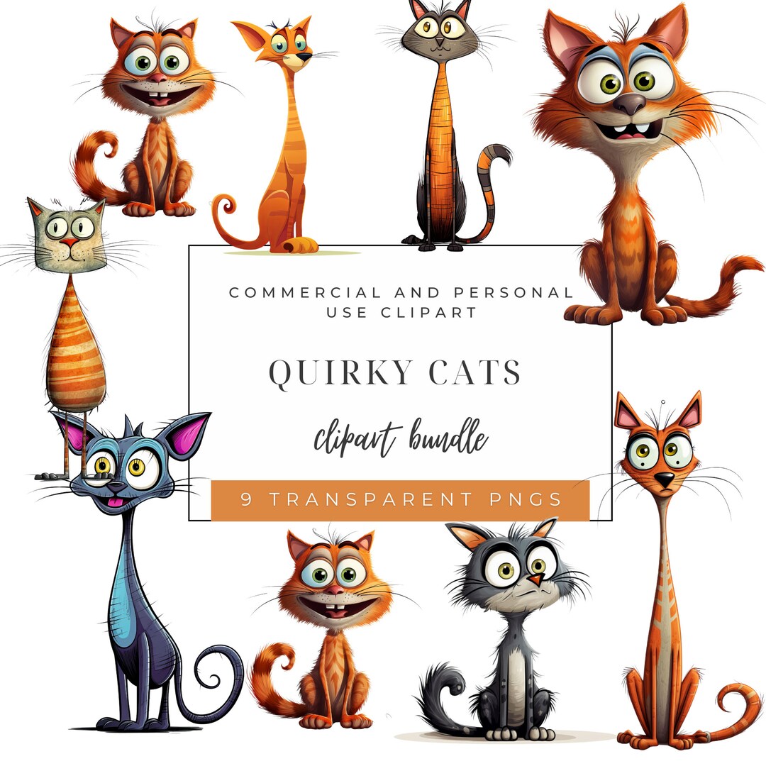Quirky Cats Clipart: Whimsical Kitten PNG Bundle (digital Download ...