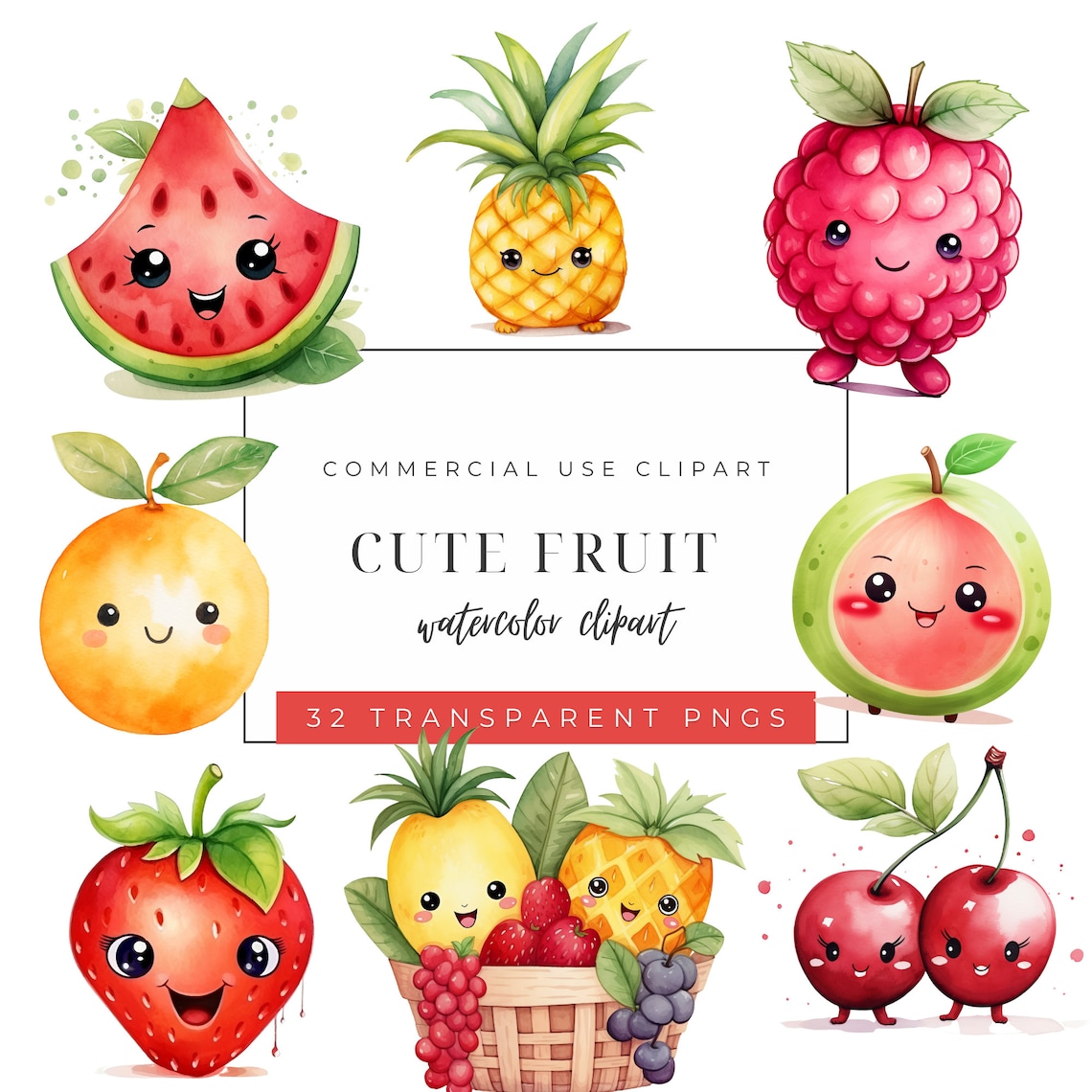 Watercolor Fruit and Vegetable Clipart - Food Clipart - Happy Fruit ...