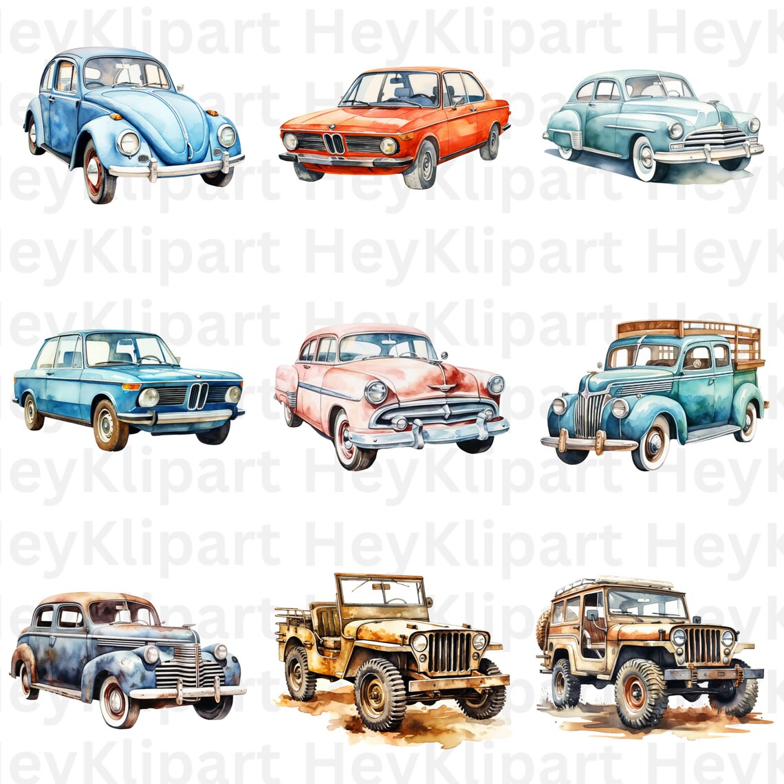 Vintage Cars Clipart Bundle Watercolor Pngs Images Home Decor for Car ...