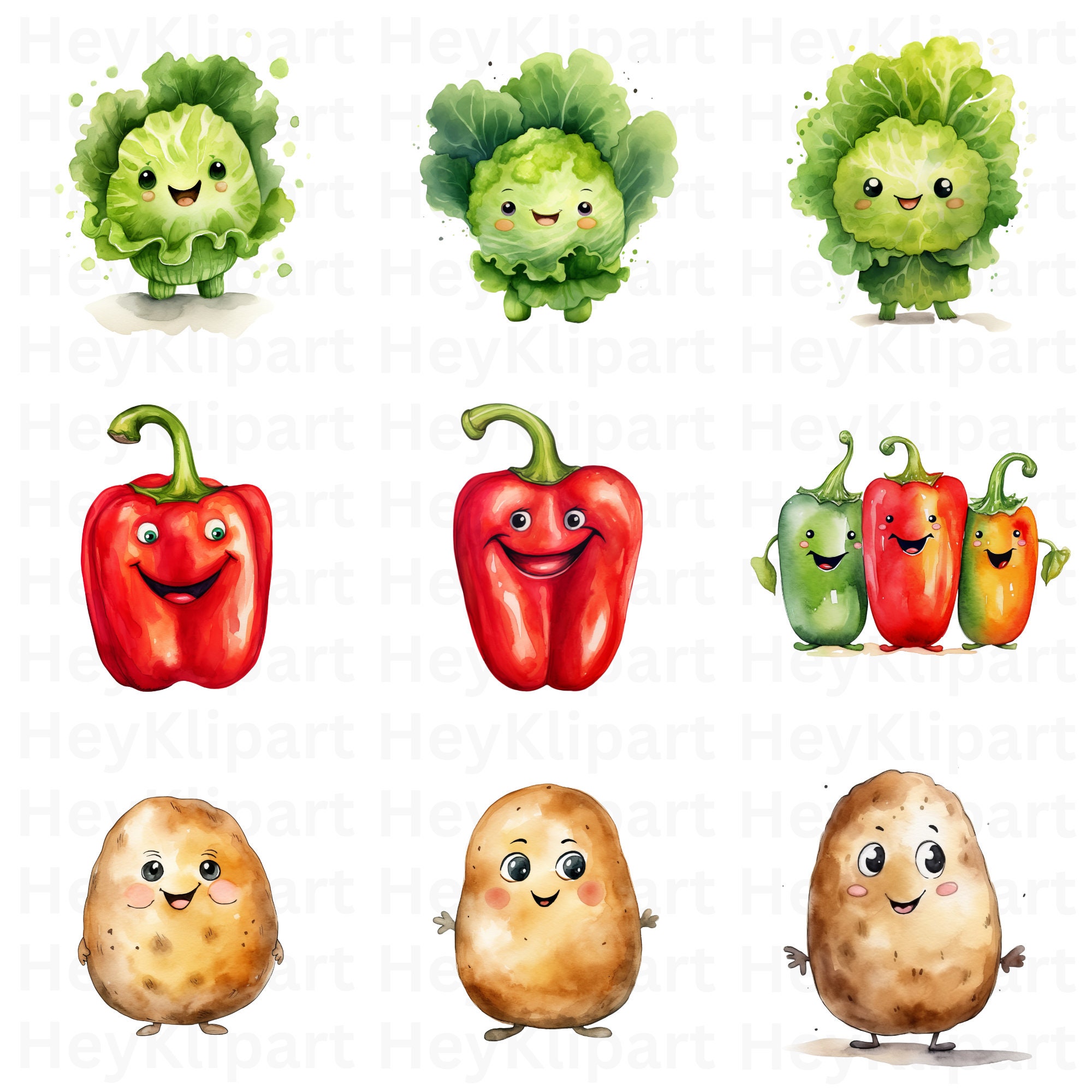 Watercolor Cute Veggies Clipart - Funny Vegetable PNG Images - Instant ...