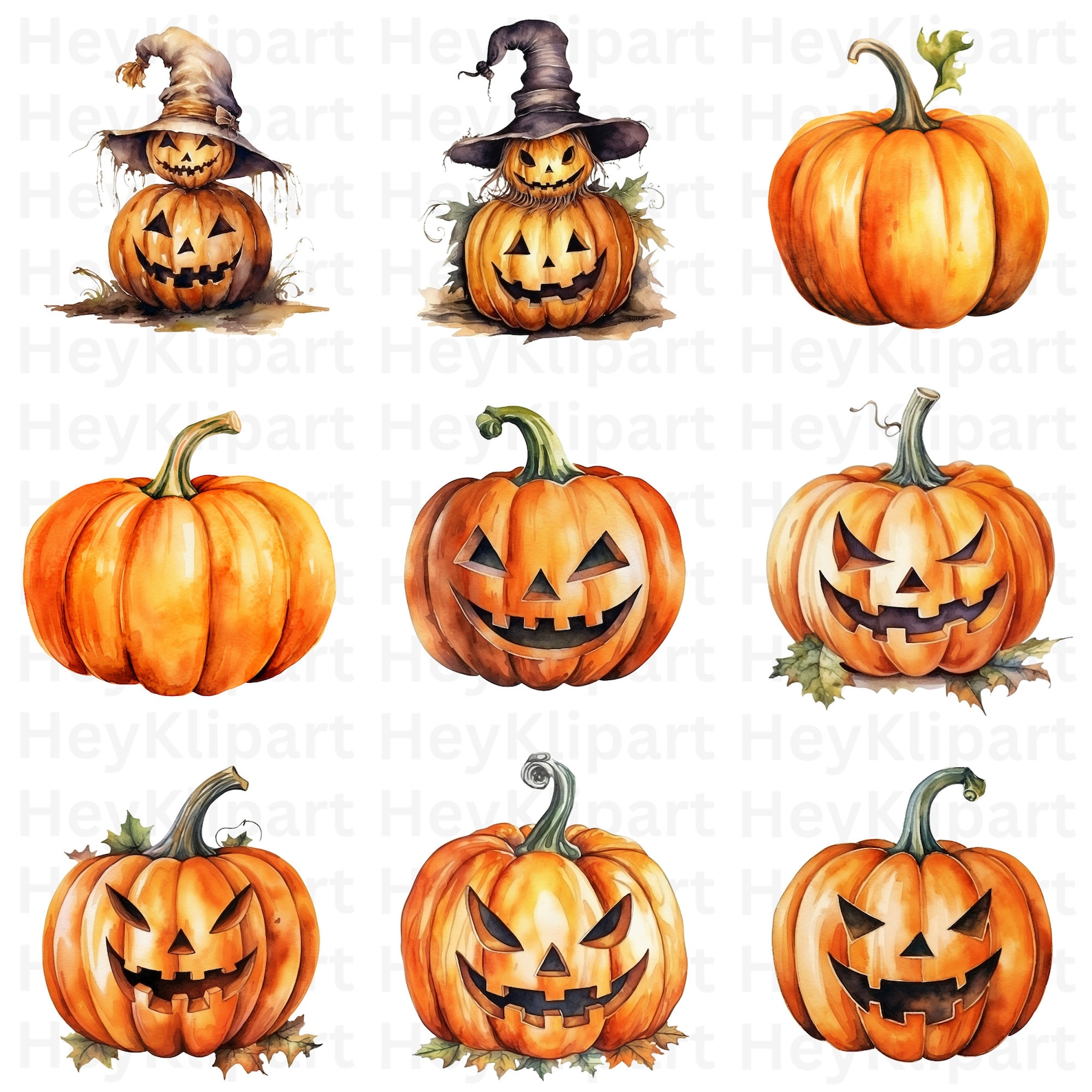 Cute Halloween Clipart - Watercolor PNG Graphics - Pumpkin Ghost Spider ...