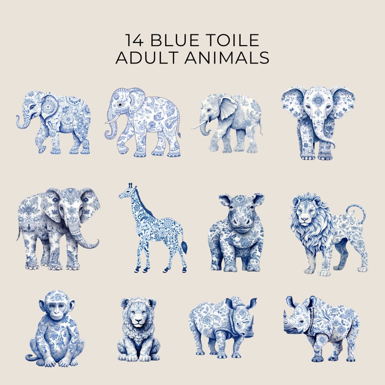 Blue Toile Safari Animals Clipart: Watercolor Chinoiserie (PNG Digital ...