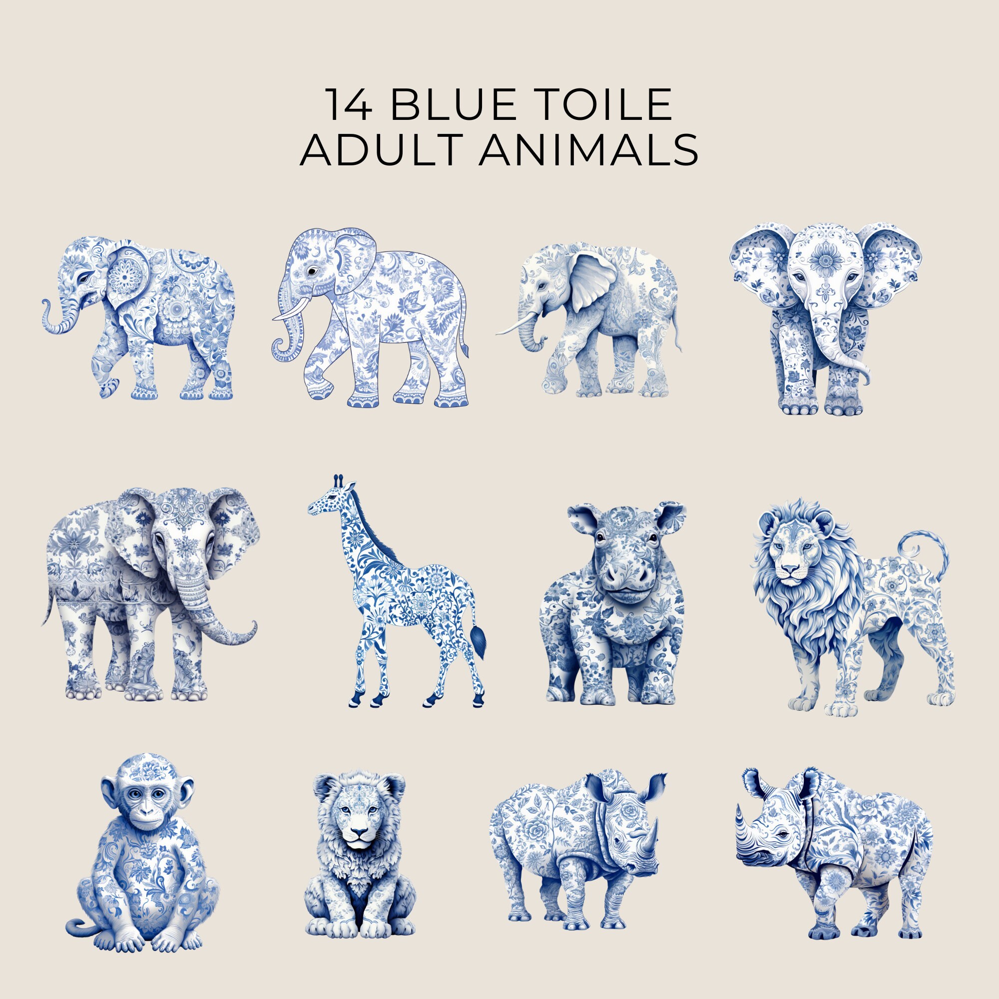 Blue Toile Clipart Safari Animals - Watercolor Toile De Jouy Clipart ...