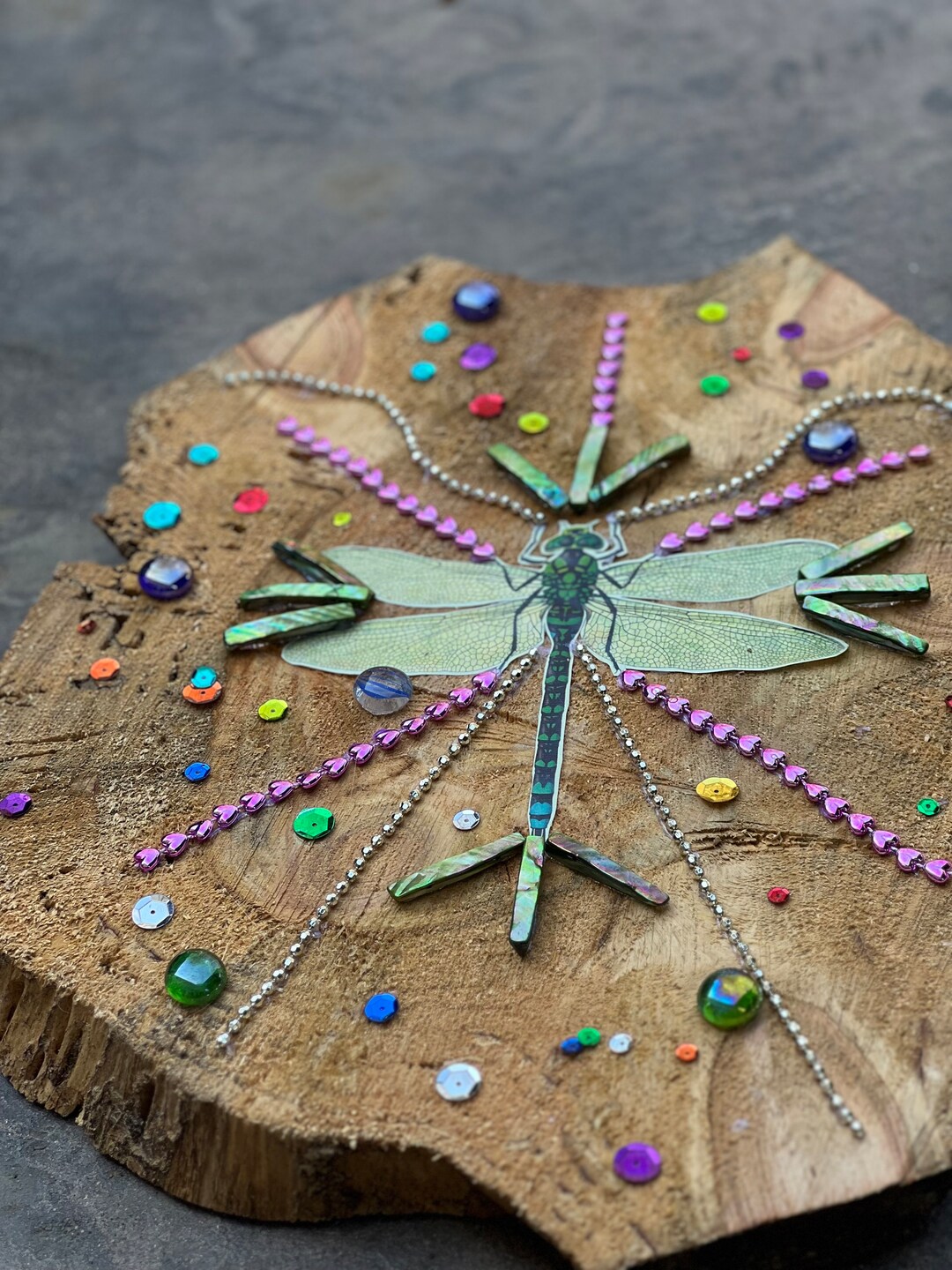 Dragonfly Bohemian Agate Mosaic Wood Artwork | Natural Tree Gallery Art ...