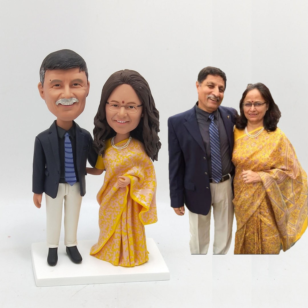 Custom Indian Couple Bobbleheads, Personalized Figurine in Yellow Saree ...