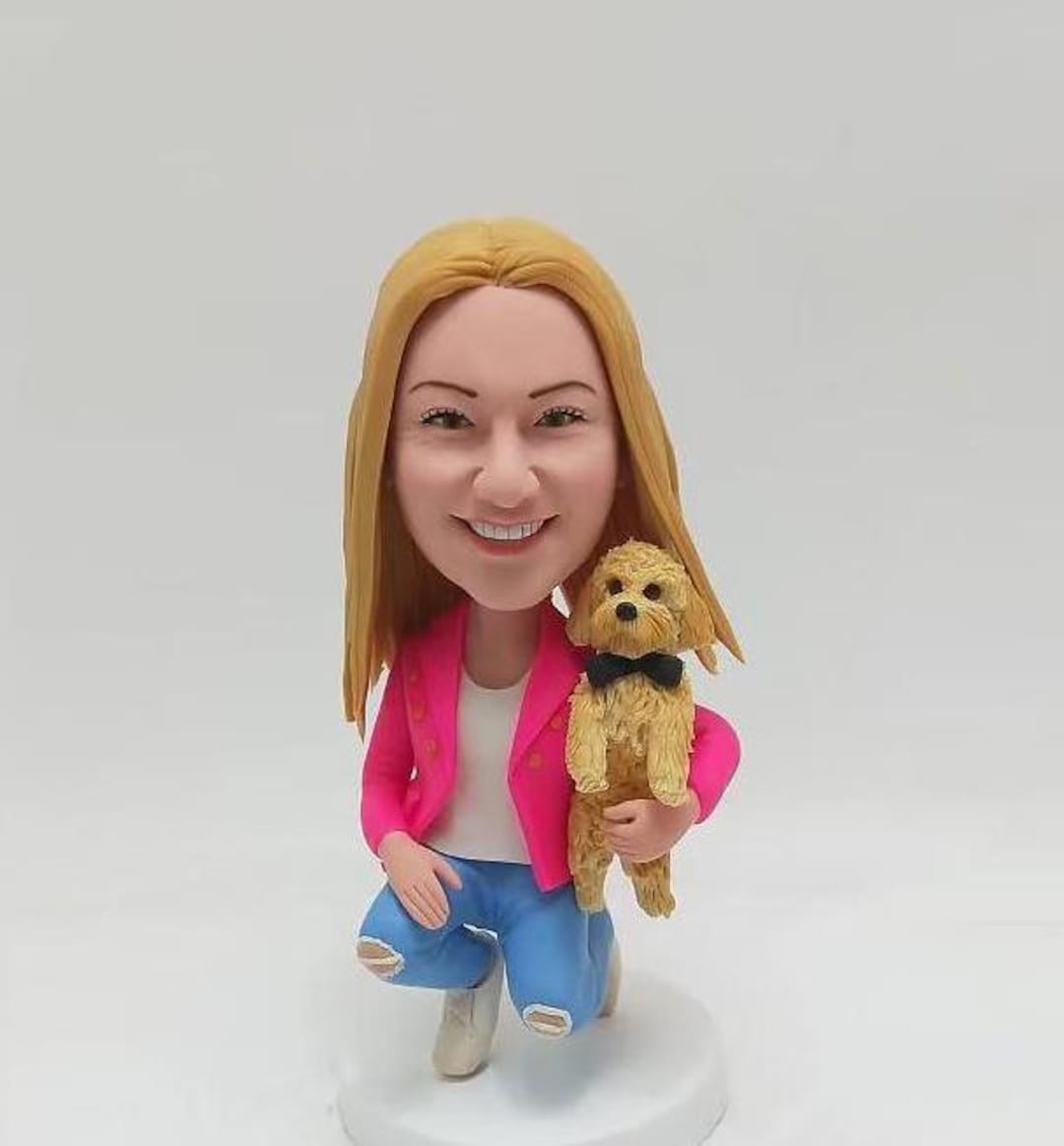Personalized Female Bobblehead With Dog , Lady Figurine Holding a Dog ...