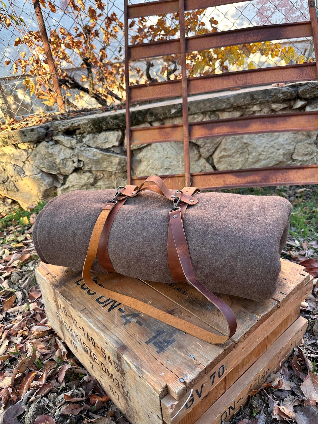 Bushcraft Wool Blanket With Handmade Leather Strap, Natural Blanket for ...