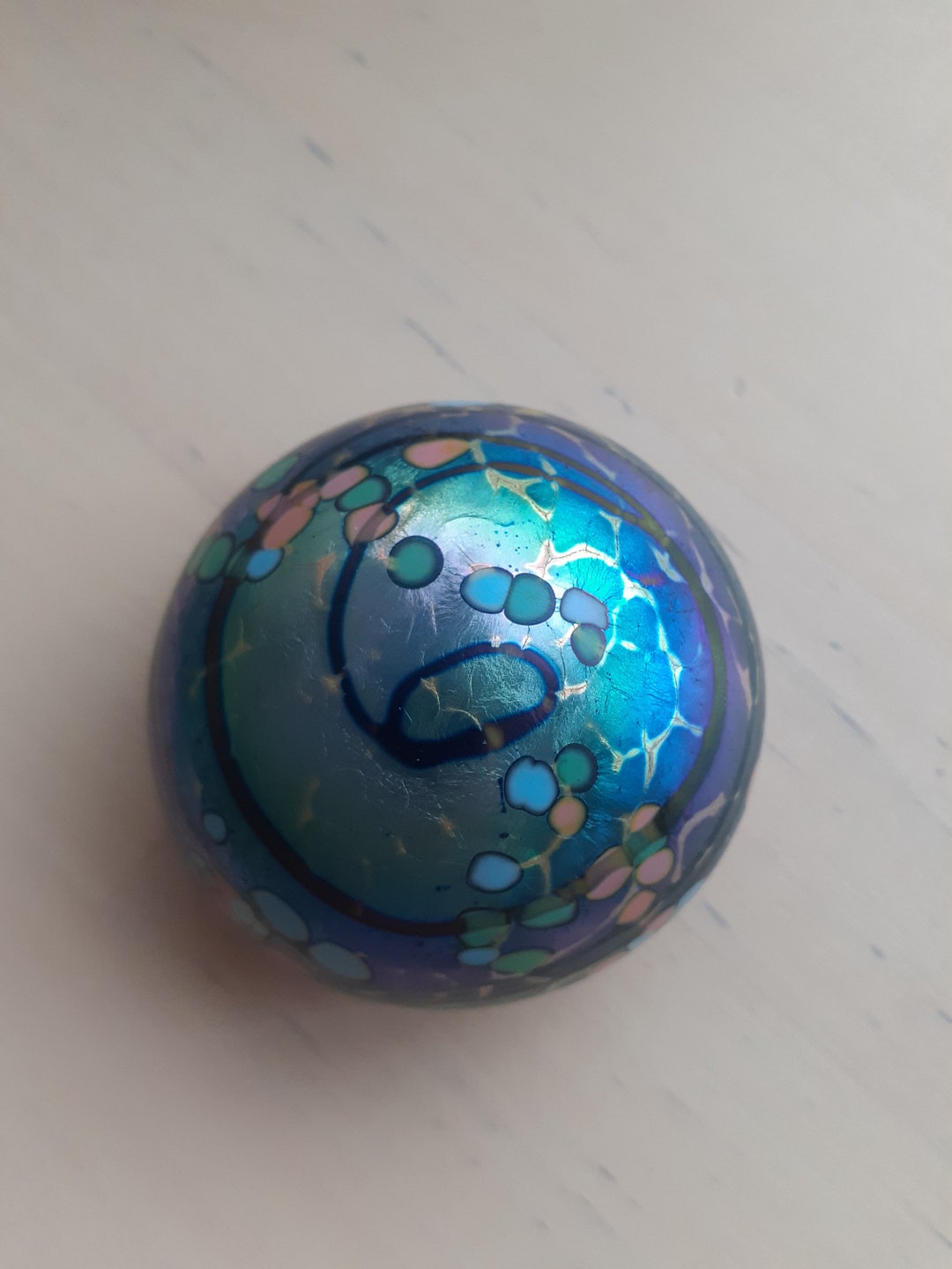 Colin Heaney 1990 Art Glass Iridescent Metallic Round Paperweight Blue ...
