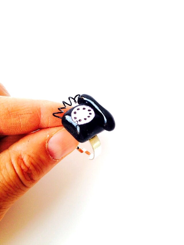 Ring CALL ME Miniature Retro Telephone Ring Black Handmade by - Etsy