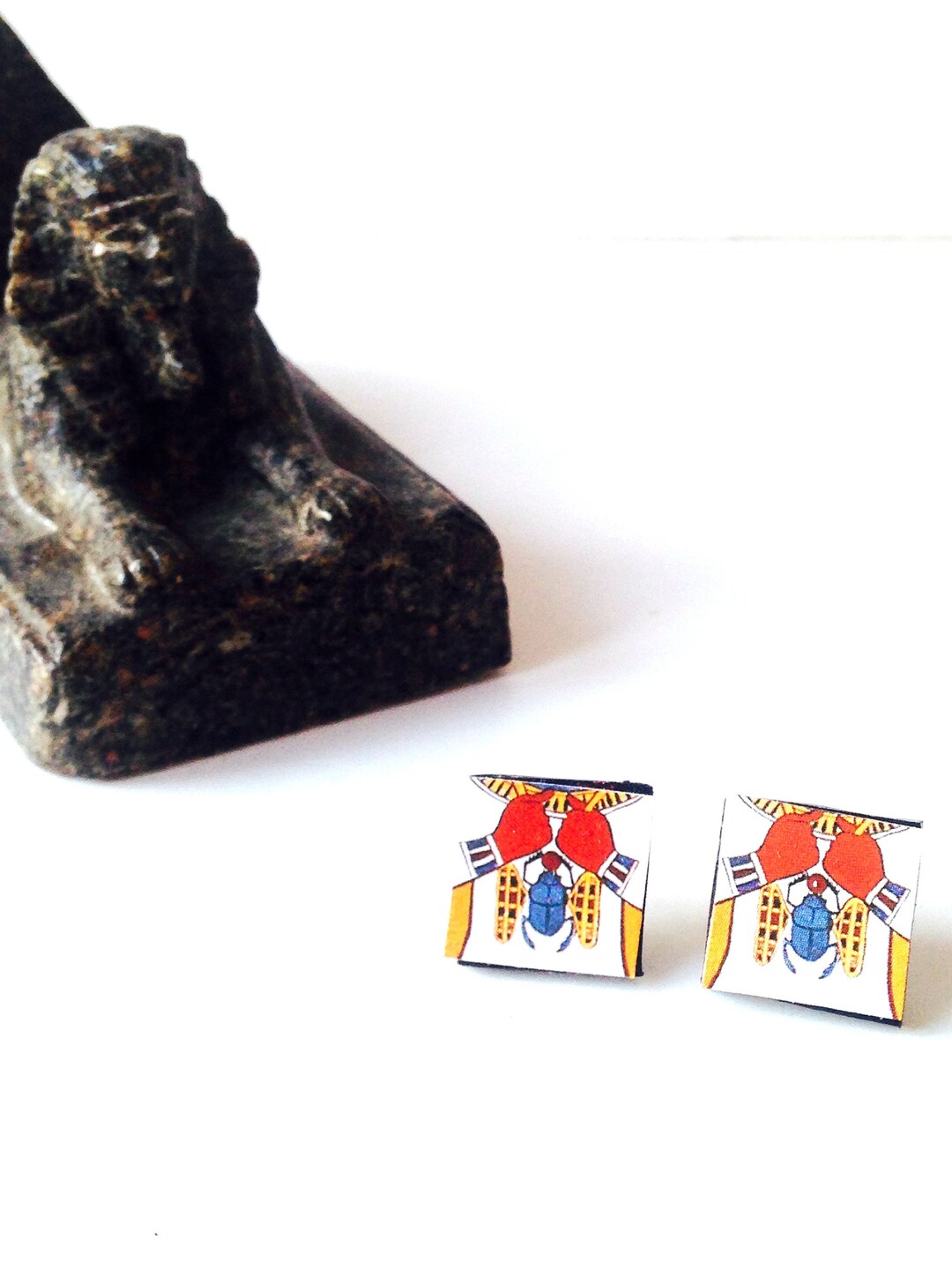Stud Earrings KHEOPS White With Blue Sacred Scarab Ancient - Etsy