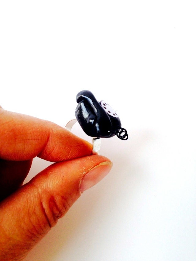 Ring CALL ME Miniature Retro Telephone Ring Black Handmade by - Etsy