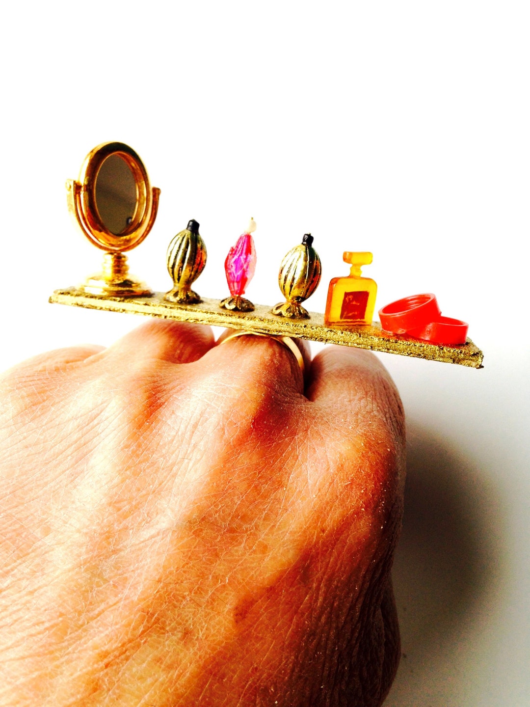 Ring THE BOUDOIR Golden Adjustable Ring Miniature Perfume Bottles and ...