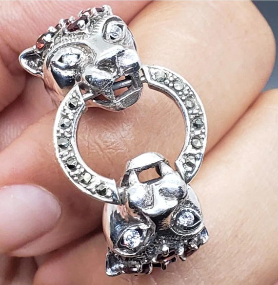 Antique Vintage Double Panther Head Garnet Marcasite … - Gem