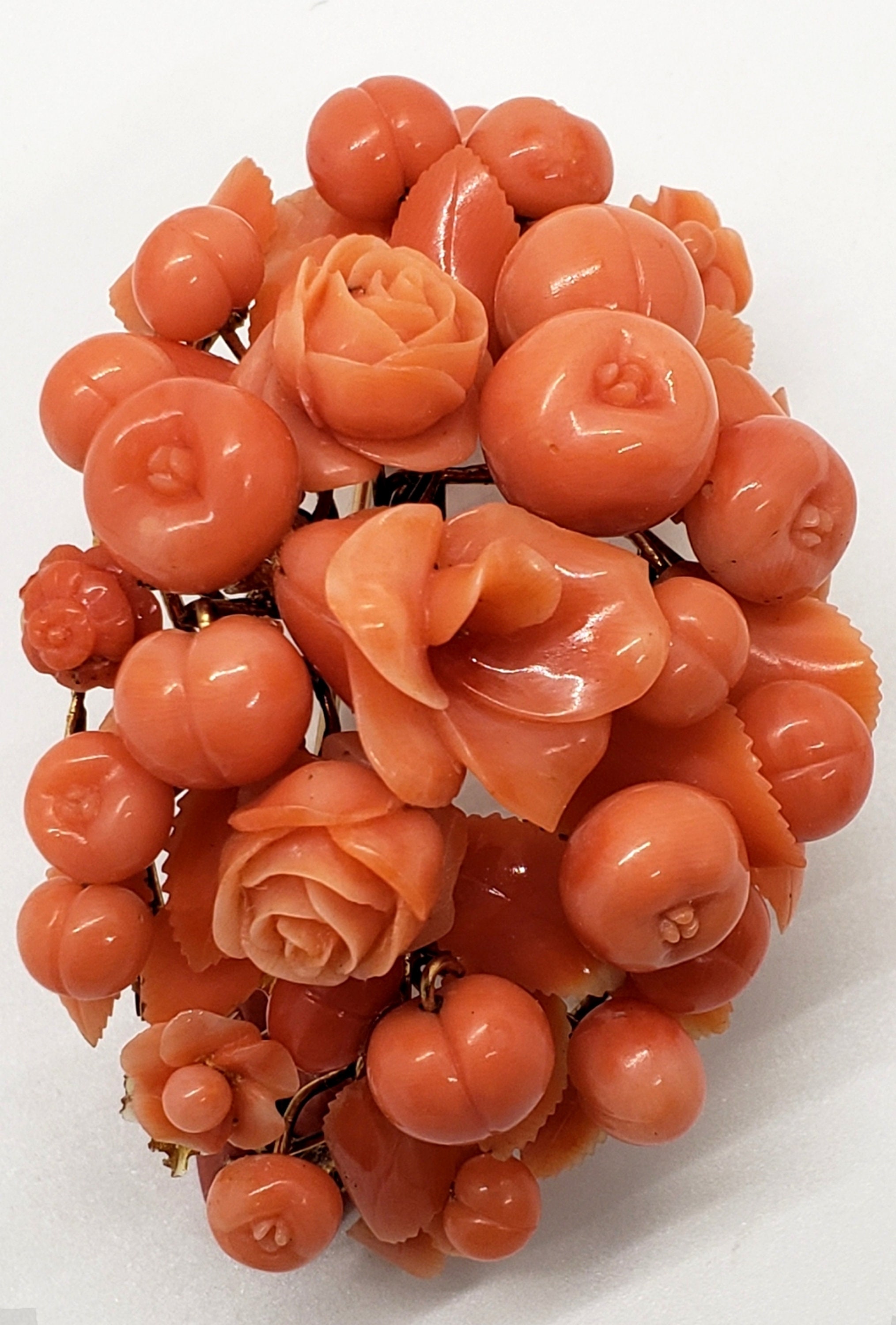 Antique 14K Gold Victorian Carved Salmon Coral Fruit Rose Boquet Pin ...