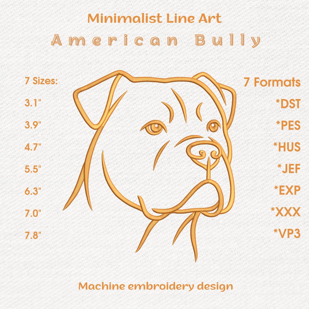 American Bully Head Embroidery Design – Minimalist Line Art Dog Outline ...