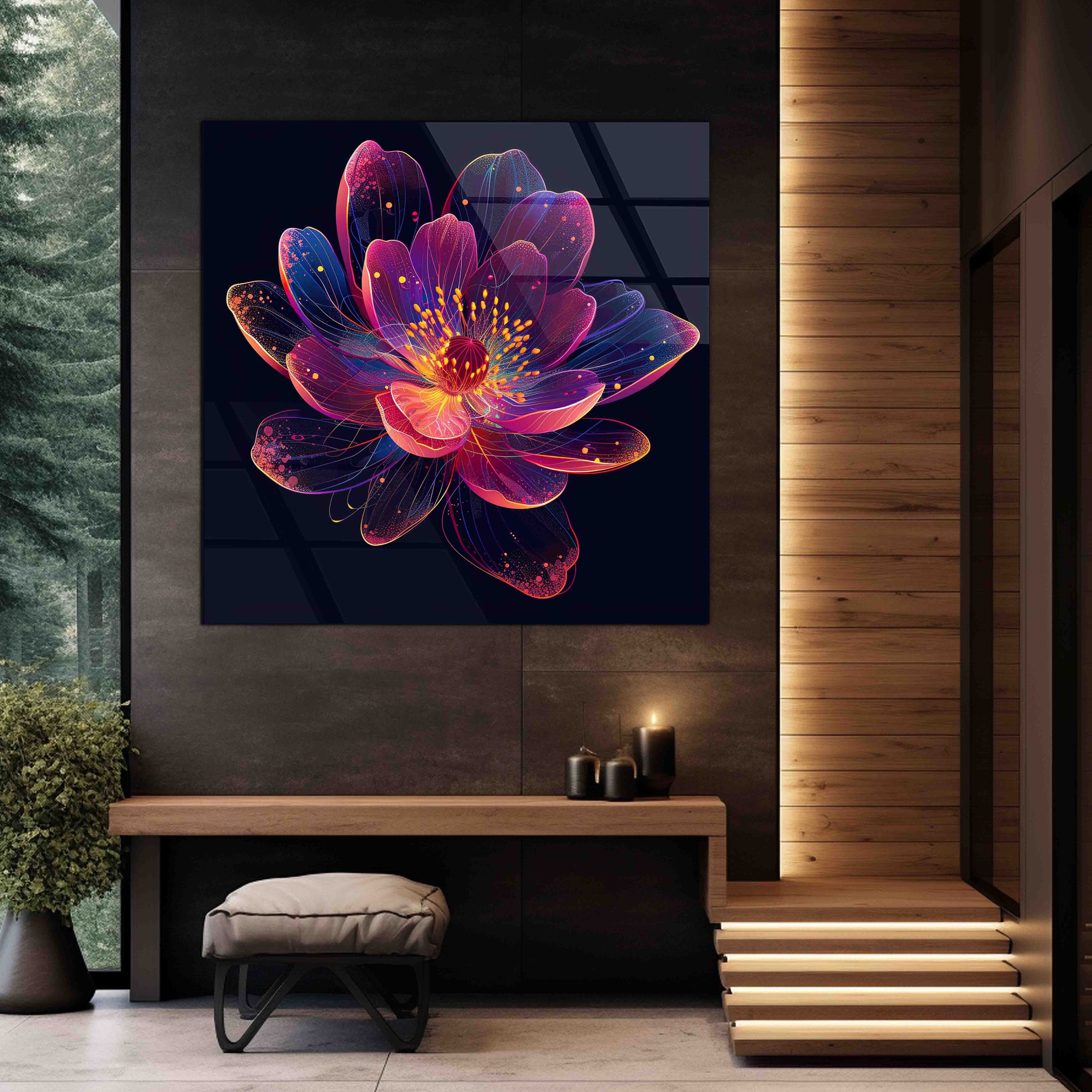 Neon Glowing Flower Stained Glass Wall Art, Modern Art Tempered Glass ...