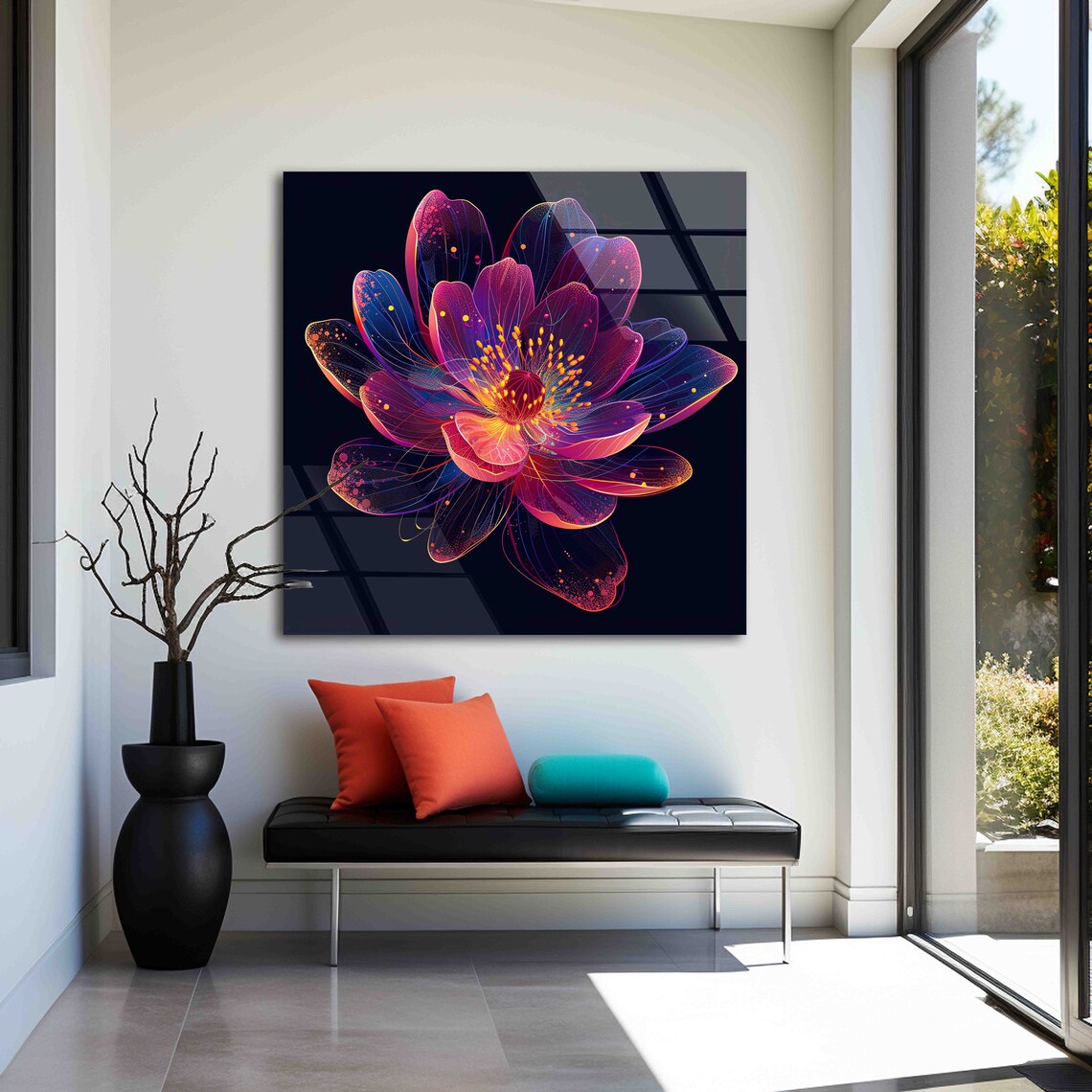 Neon Glowing Flower Stained Glass Wall Art, Modern Art Tempered Glass ...
