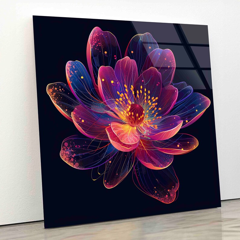 Neon Glowing Flower Stained Glass Wall Art, Modern Art Tempered Glass ...