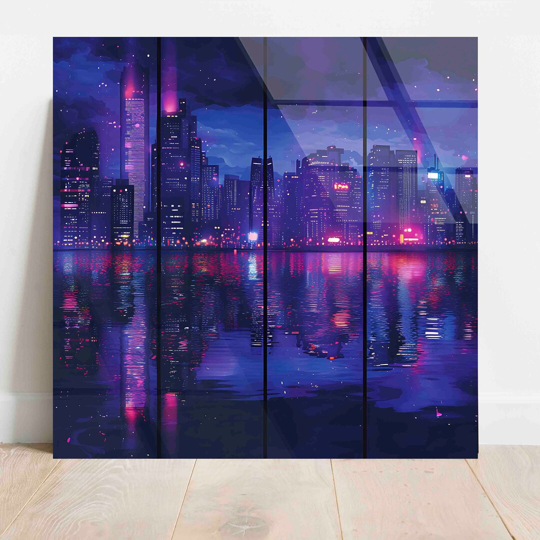 Cyberpunk City Stained Glass Wall Art, Modern Art Tempered Glass Wall ...