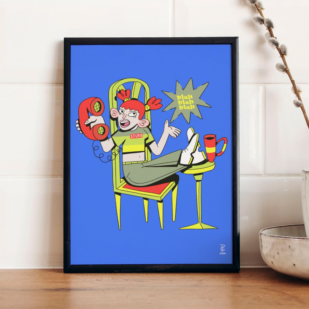 Blah Blah Blah A4 Art Print, Hand Drawn Illustration, Portrait, Pen and ...