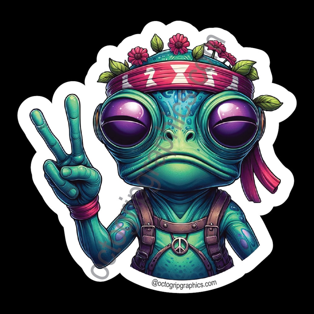 Hippie Alien Frog, Peace, Sticker, Alien Sticker, Vinyl Sticker, Cosmic ...
