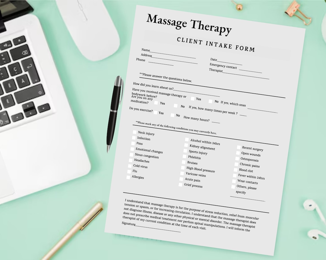 Massage Therapy Intake Form Client Consent Form Massage Consultation ...