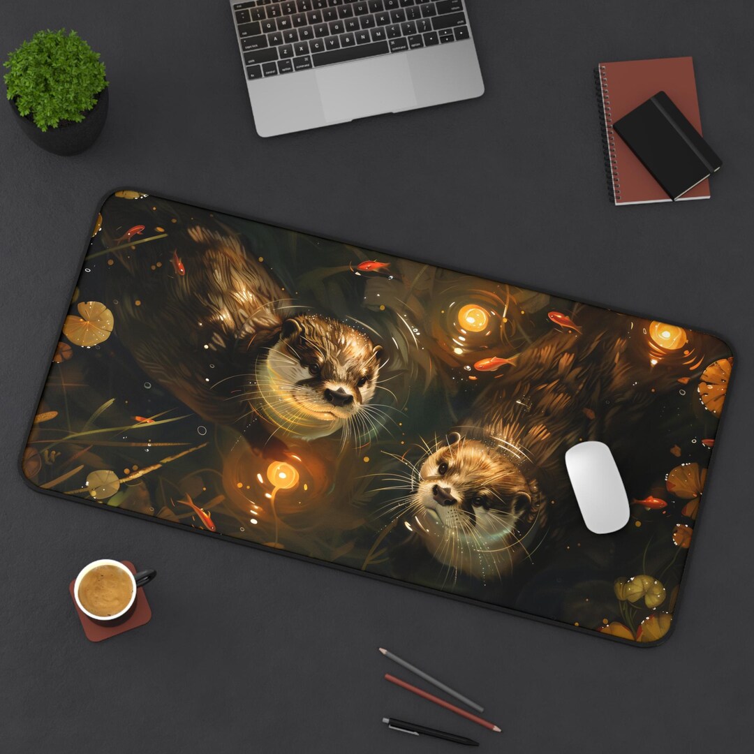 Swimming Otters Desk Mat, River Scene, Weeds, and Floating Lights ...