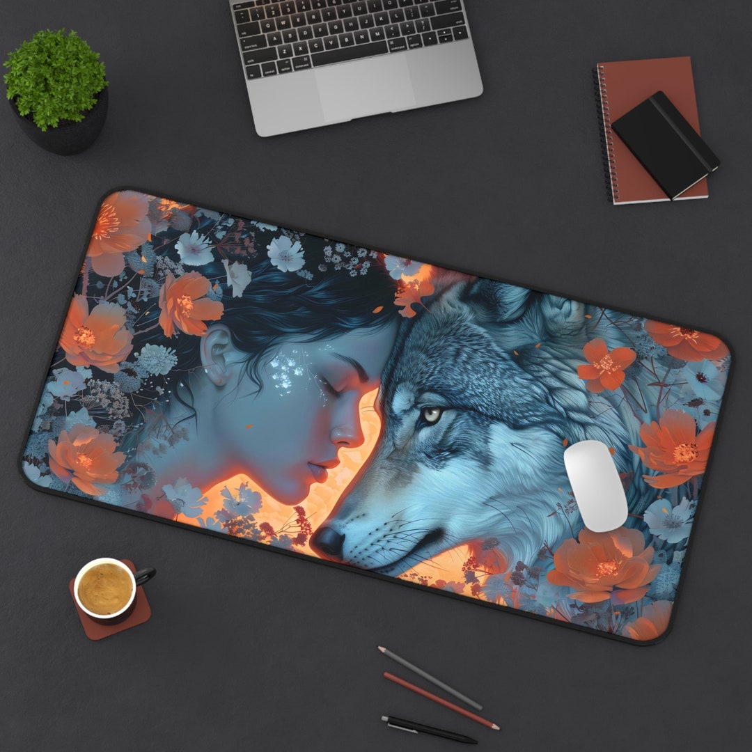 Wolf and Woman Desk Mat, Wolf Desk Mat, Abstract Mouse Pad, Gaming ...