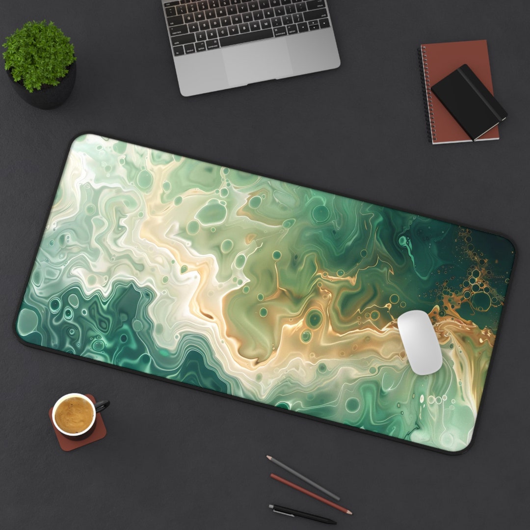 Green and Gold Acrylic Pour Desk Mat, Abstract Mouse Pad, Gaming Mouse ...