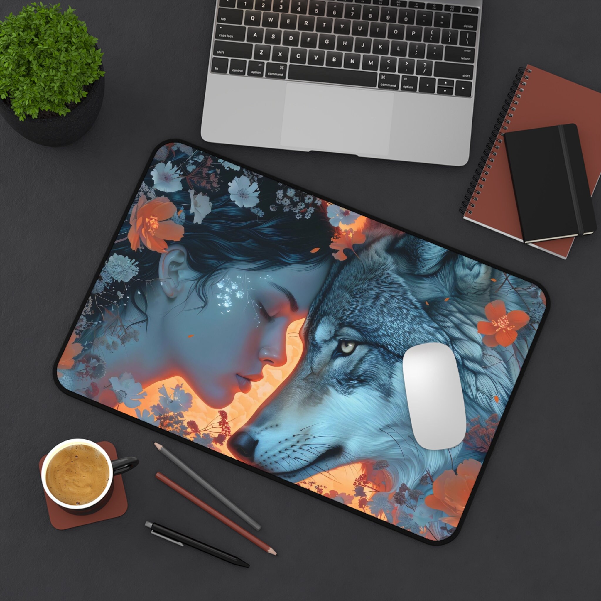 Wolf and Woman Desk Mat, Wolf Desk Mat, Abstract Mouse Pad, Gaming ...