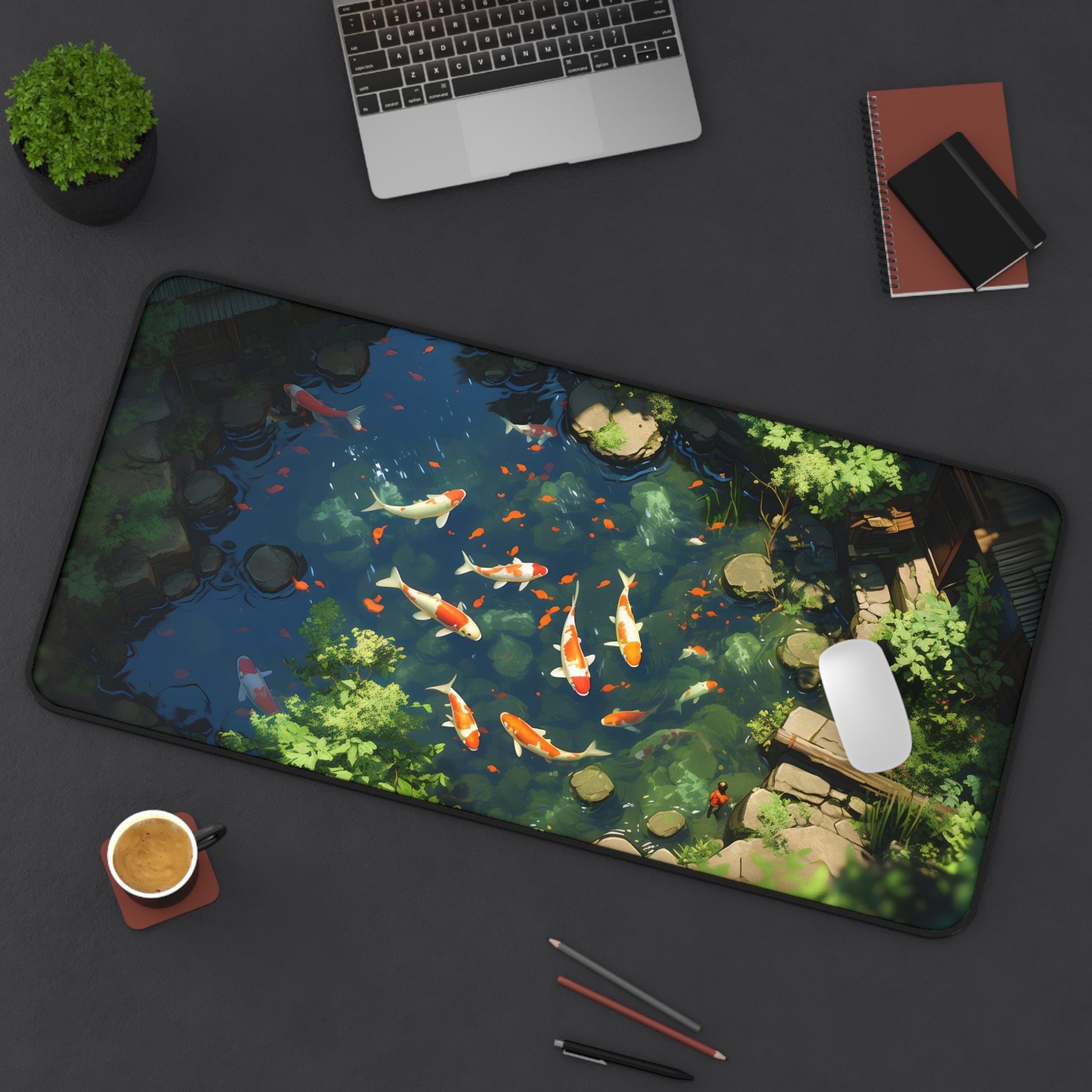 Koi Pond Desk Mat, Serene Workspace Essential, Zen Office Decor, Fish ...