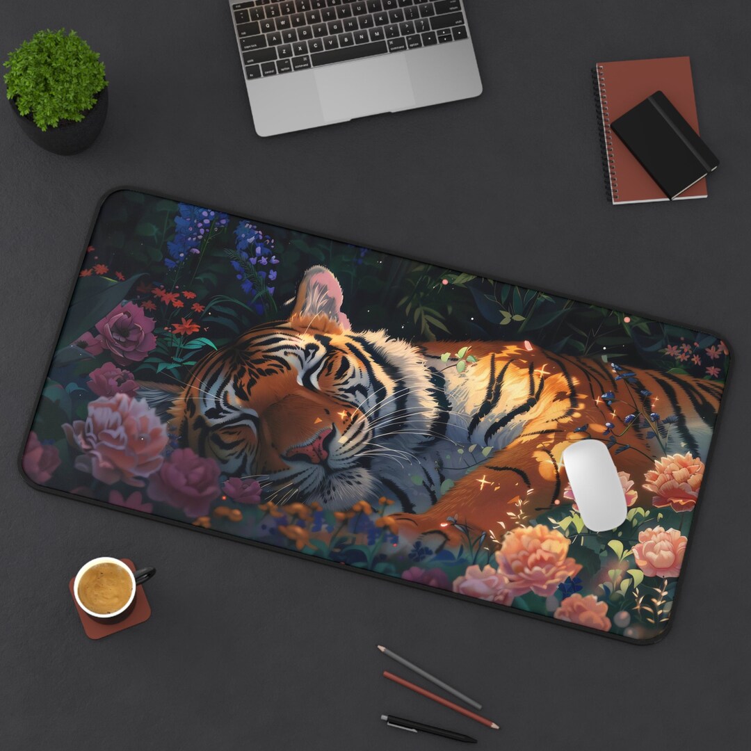 Floral Sleeping Tiger Desk Mat, Tranquil Workspace Essential, Floral ...