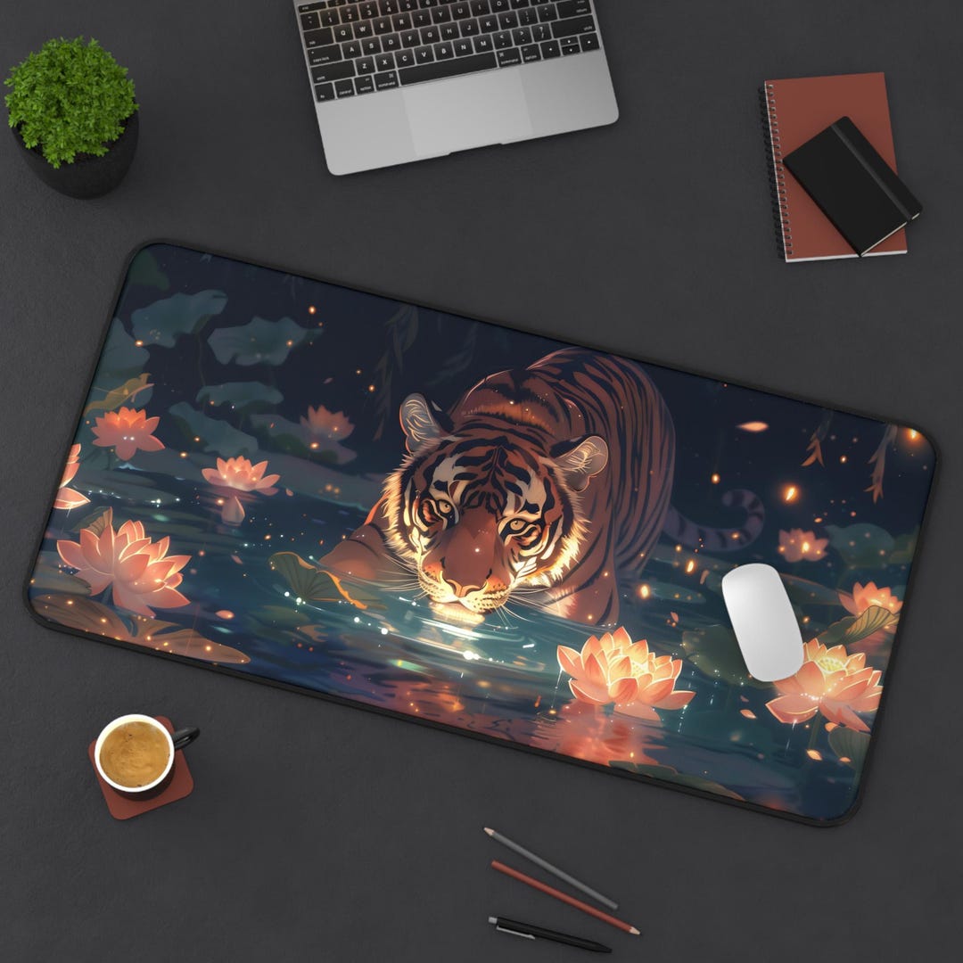Tranquil Tiger Desk Mat, Floral Decor, Tranquil Workspace Decor ...
