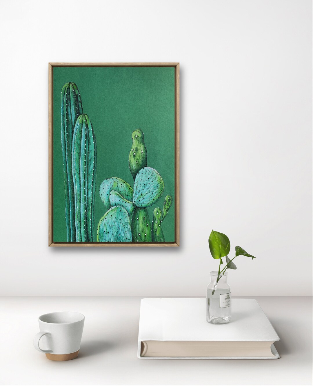 ORIGINAL WORK Cacti on Green Background, Drawing With Colored Pencils ...