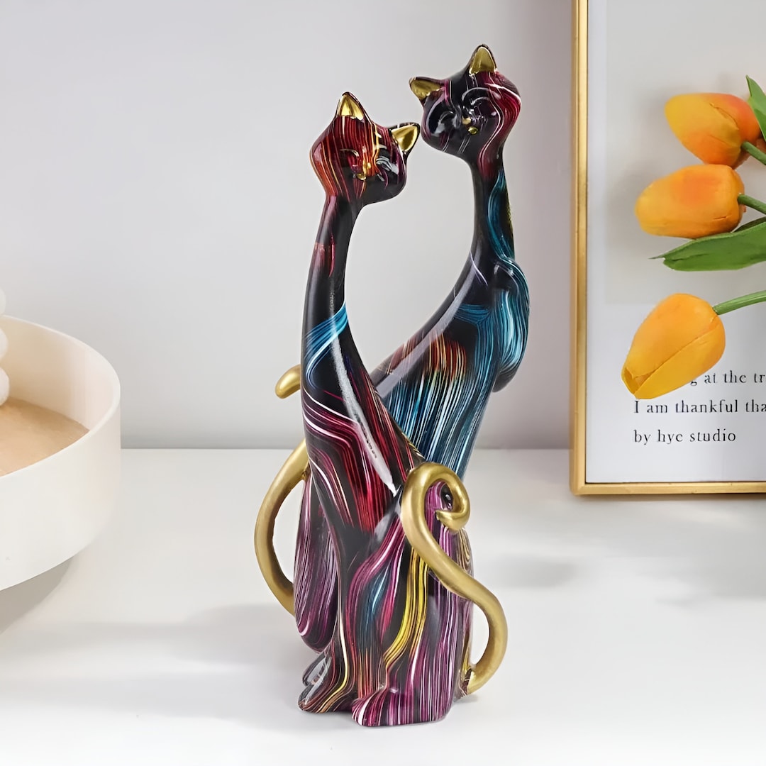 Colorful Cat Statue, Oil Painting Cat, Couple Sculptures Set, Home ...