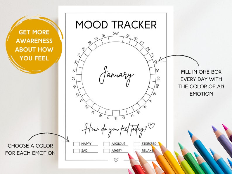 Monthly Mood Tracker Printable Circular Mood Chart Daily Mental Health ...