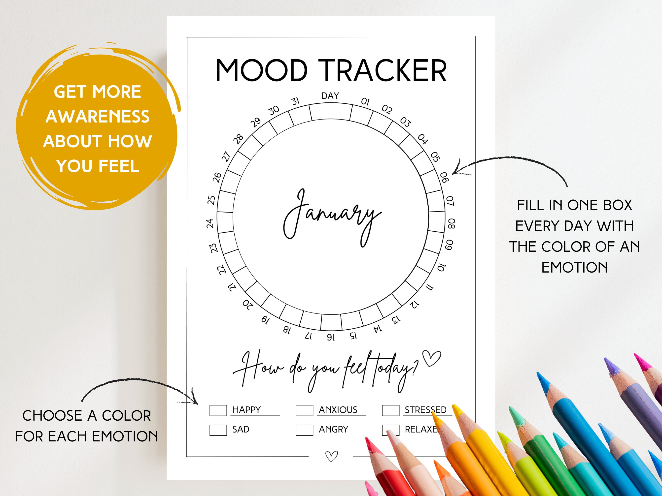 Monthly Mood Tracker Printable Circular Mood Chart Daily Mental Health ...