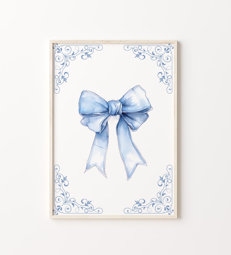 Blue Coquette Bow Printable, Light Blue Nursery Wall Art, Preppy ...