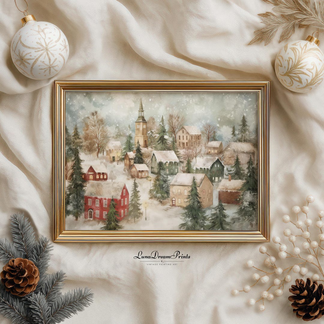 Christmas Winter Town Print, Snowy Winter Village Print, Vintage Scene ...