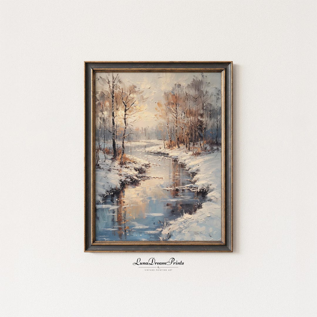 Muted Winter Landscape Painting, Snowy Forest River Print, Vintage ...